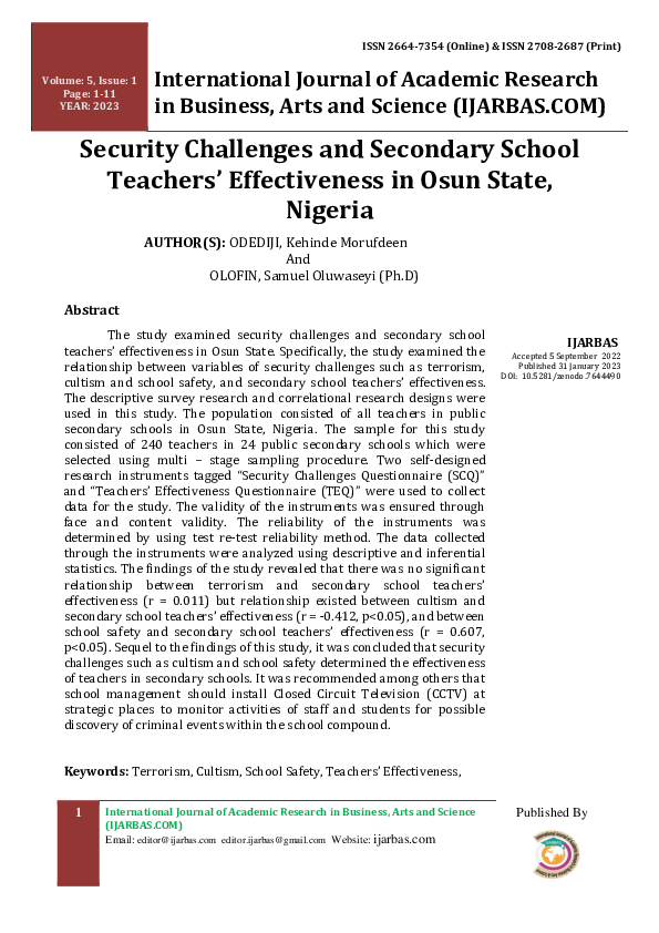(PDF) Security Challenges and Secondary School Teachers' Effectiveness in Osun State, Nigeria