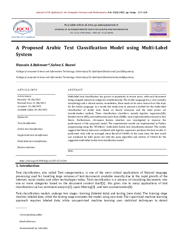 (PDF) A Proposed Arabic Text Classification Model using Multi-Label System | salwa baawi ...