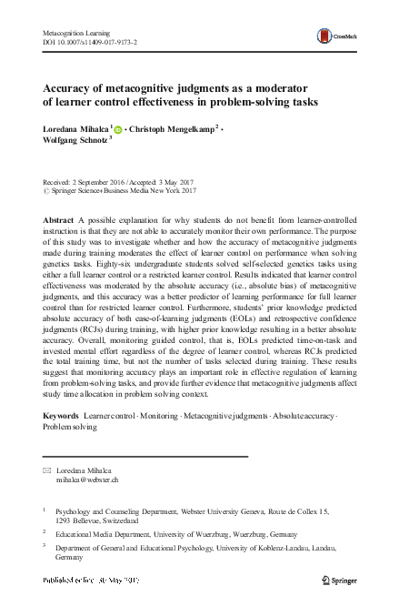 (PDF) Accuracy of metacognitive judgments as a moderator of learner control effectiveness in ...