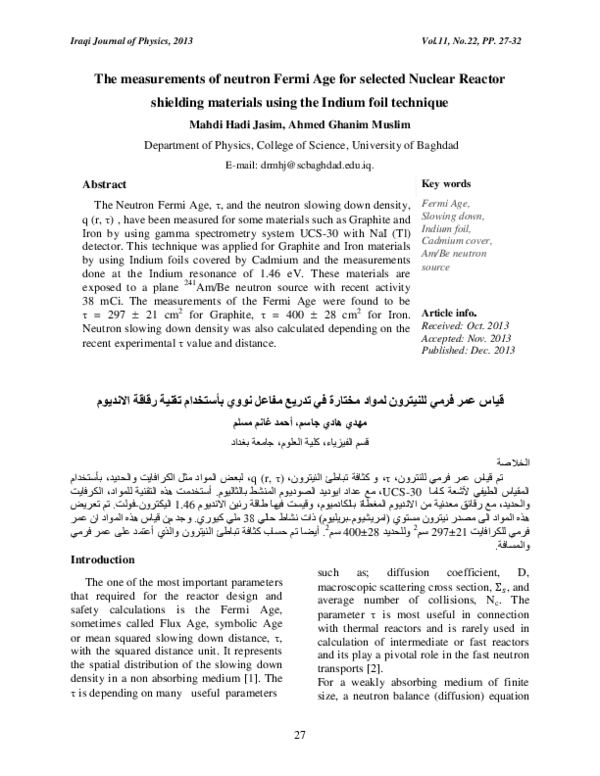 (PDF) The measurements of neutron Fermi Age for selected Nuclear ...