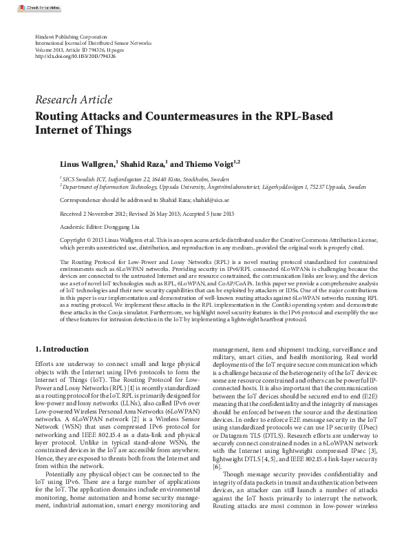 (PDF) Routing Attacks and Countermeasures in the RPL-Based Internet of Things