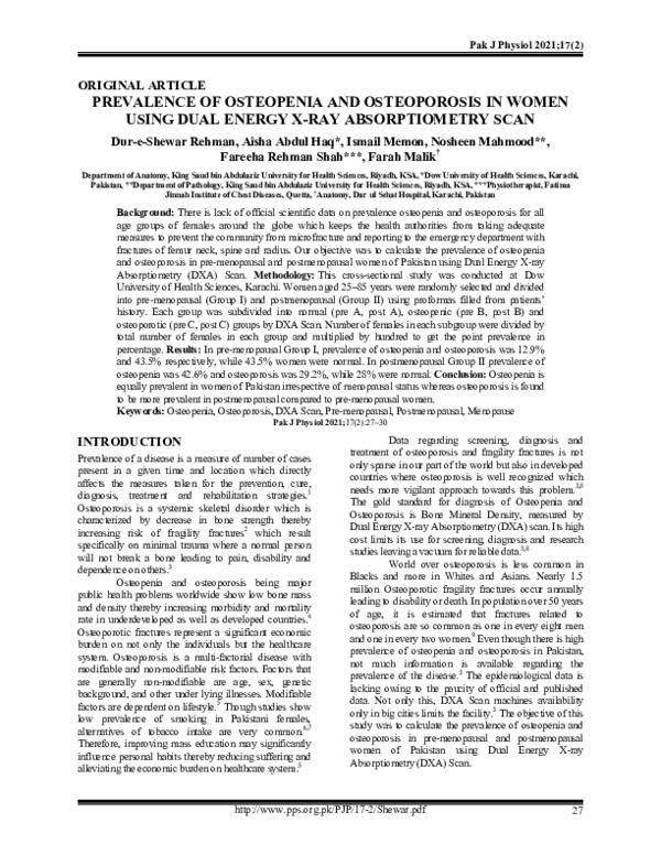 (PDF) PREVALENCE OF OSTEOPENIA AND OSTEOPOROSIS IN WOMEN USING DUAL ...