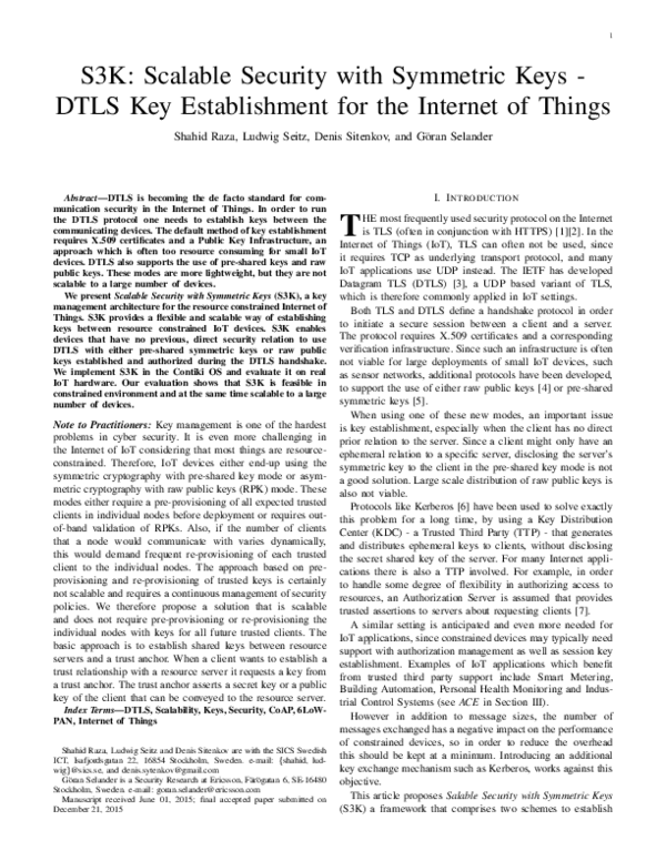 (PDF) S3K: Scalable Security With Symmetric Keys—DTLS Key Establishment ...