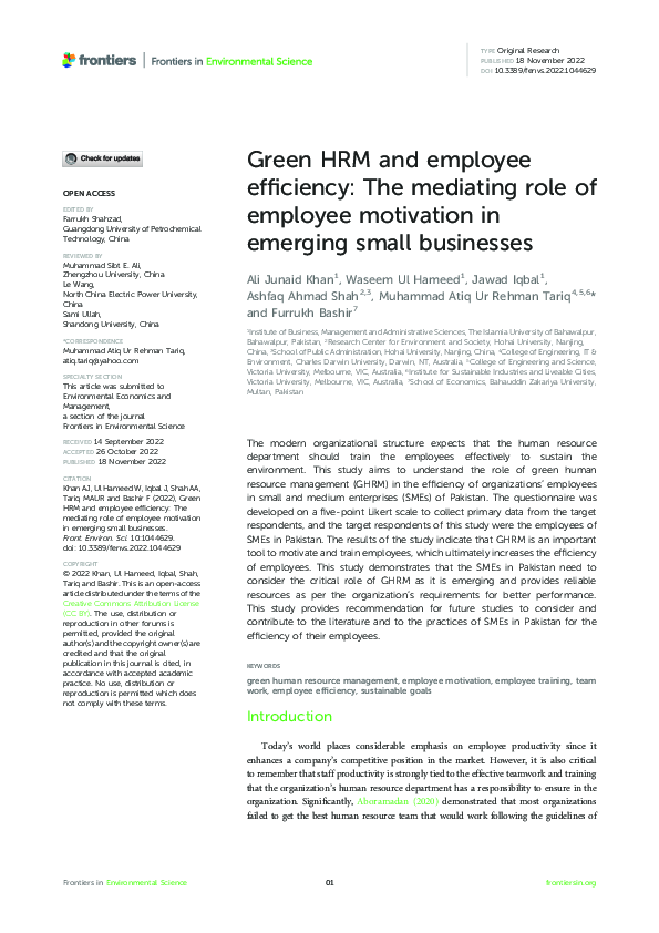 (PDF) Green HRM and employee efficiency: The mediating role of employee motivation in emerging ...