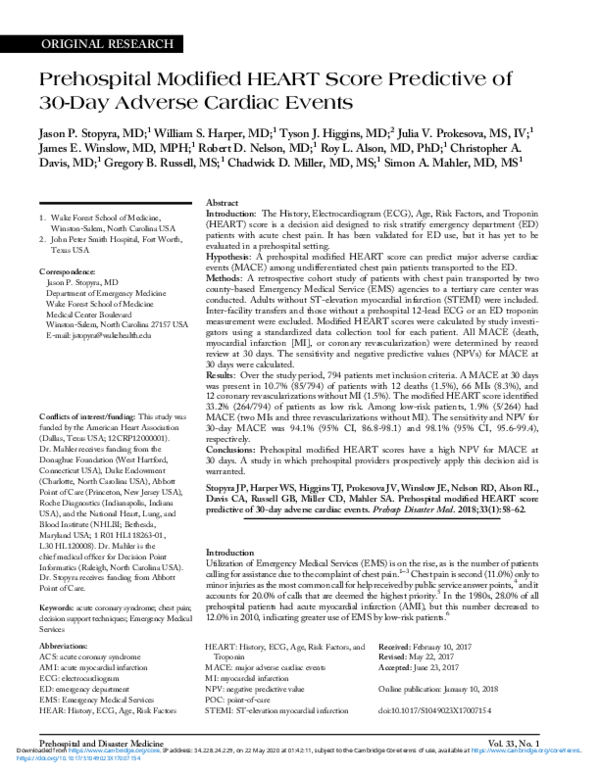 (PDF) Prehospital Modified HEART Score Predictive of 30-Day Adverse ...