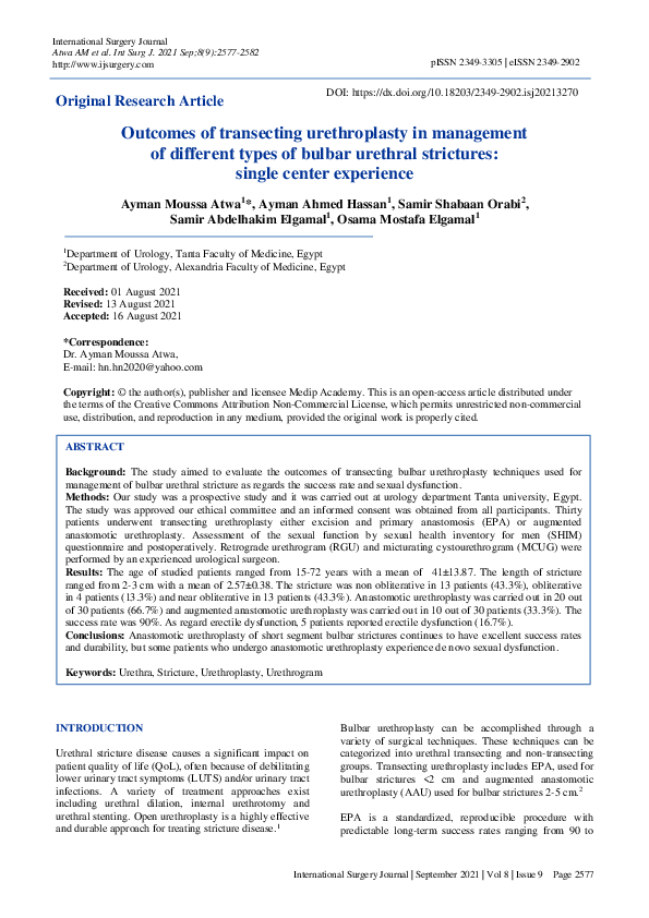 (PDF) Outcomes of transecting urethroplasty in management of different ...