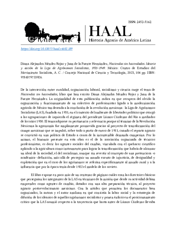 (PDF) Reseña- Haciendas sin hacendados. Ideario y acción de la Liga de ...