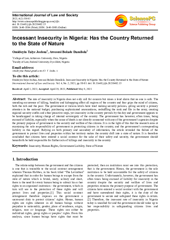 (PDF) Incessant Insecurity in Nigeria: Has the Country Returned to the ...