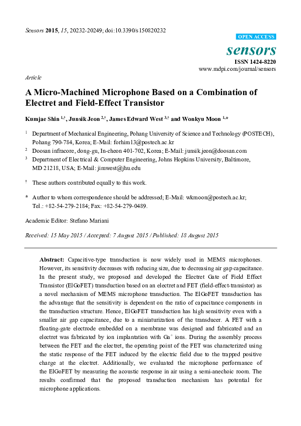 (PDF) A Micro-Machined Microphone Based on a Combination of Electret and Field-Effect Transistor ...