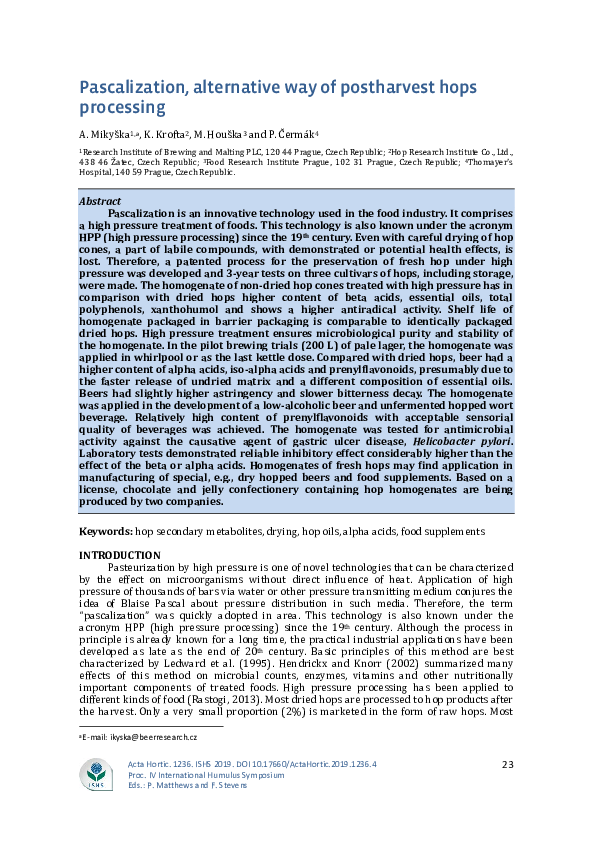 (PDF) Pascalization, alternative way of postharvest hops processing