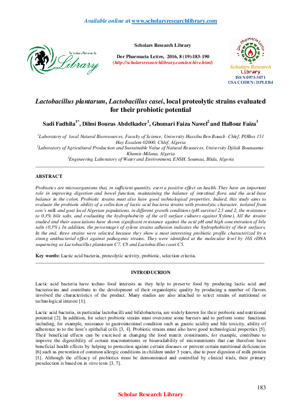 (PDF) Lactobacillus plantarum, Lactobacillus casei, local proteolytic strains evaluated for ...