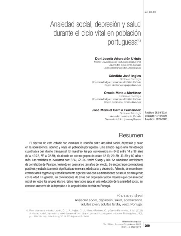 (PDF) Ansiedad social, depresión y salud durante el ciclo vital en ...