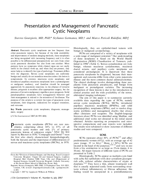 (PDF) Presentation and Management of Pancreatic Cystic Neoplasms