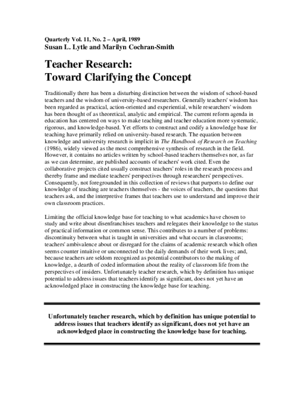 (PDF) Teacher Research: Toward Clarifying the Concept