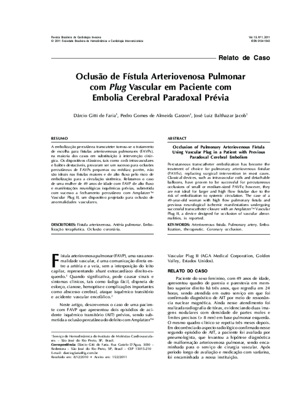 (PDF) Oclusão de fístula arteriovenosa pulmonar com plug vascular em ...