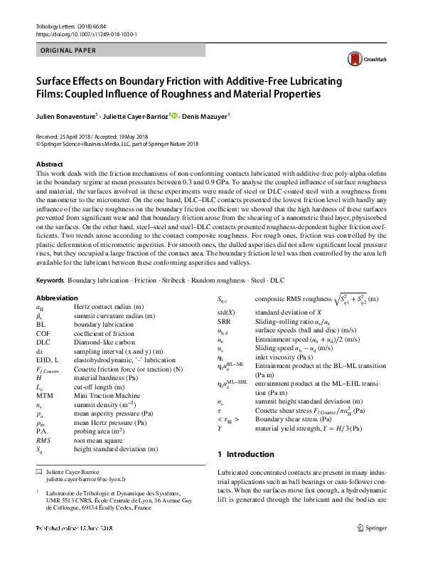Pdf Surface Effects On Boundary Friction With Additive Free Lubricating Films Coupled