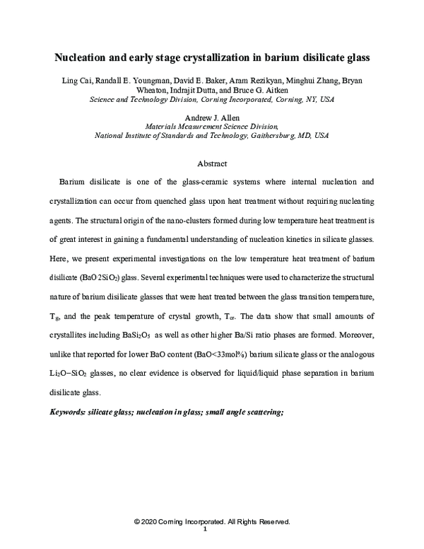 (PDF) Nucleation and early stage crystallization in barium disilicate glass