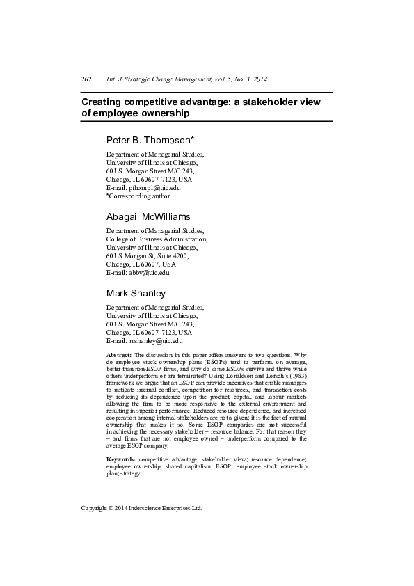 (PDF) Creating competitive advantage: a stakeholder view of employee ownership