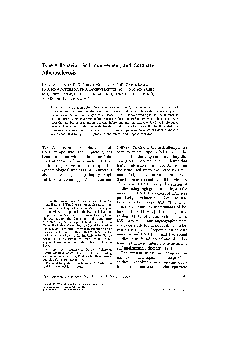 (PDF) Type A Behavior, Self-Involvement, and Coronary Atherosclerosis