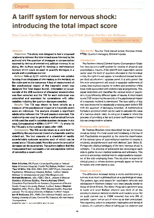 (PDF) A tariff system for nervous shock: introducing the total impact score