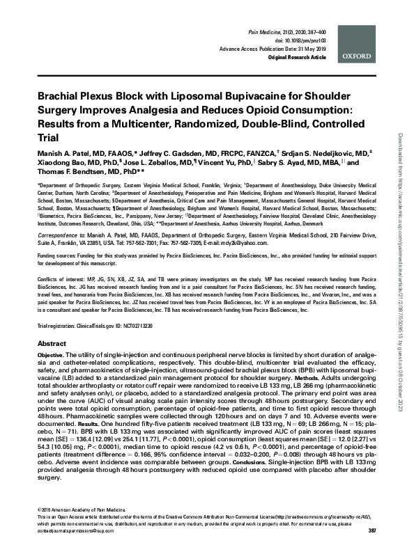 (PDF) Brachial Plexus Block with Liposomal Bupivacaine for Shoulder Surgery Improves Analgesia ...