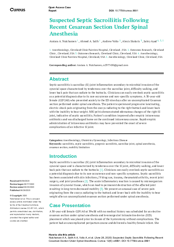 (PDF) Suspected Septic Sacroiliitis Following Recent Cesarean Section ...