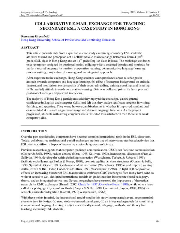 (PDF) Collaborative E-Mail Exchange for Teaching Secondary Esl: A Case ...