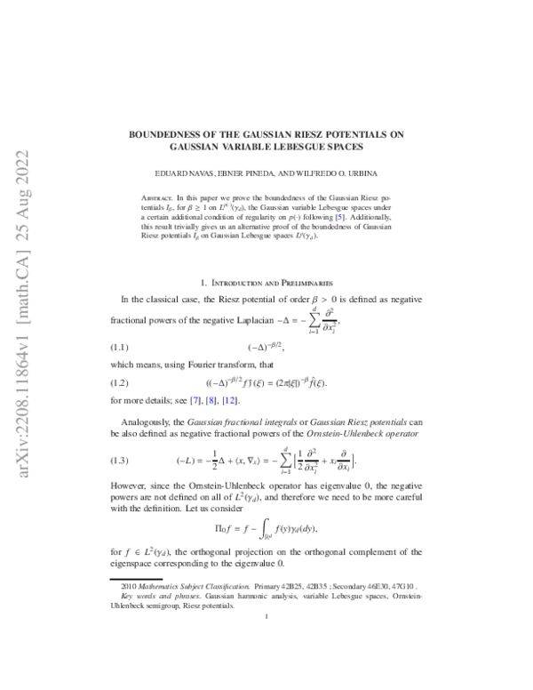 (PDF) Boundedness of the Gaussian Riesz Potentials on Gaussian variable Lebesgue spaces