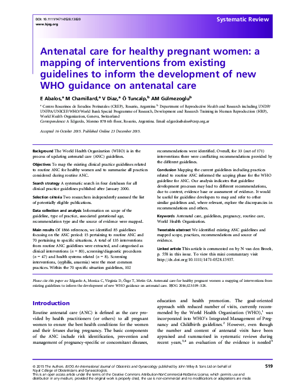 (PDF) Antenatal care for healthy pregnant women: a mapping of ...