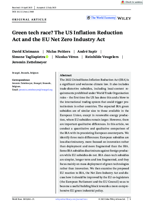 (PDF) Green tech race? The US Inflation Reduction Act and the EU Net ...