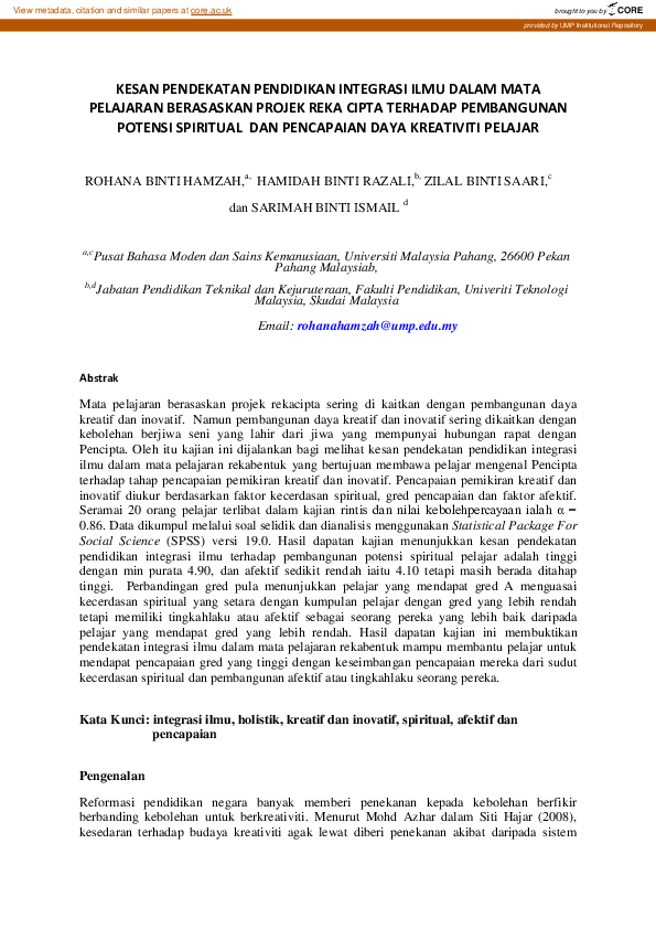 (PDF) Kesan Pendekatan Pendidikan Integrasi Ilmu Dalam Mata Pelajaran ...