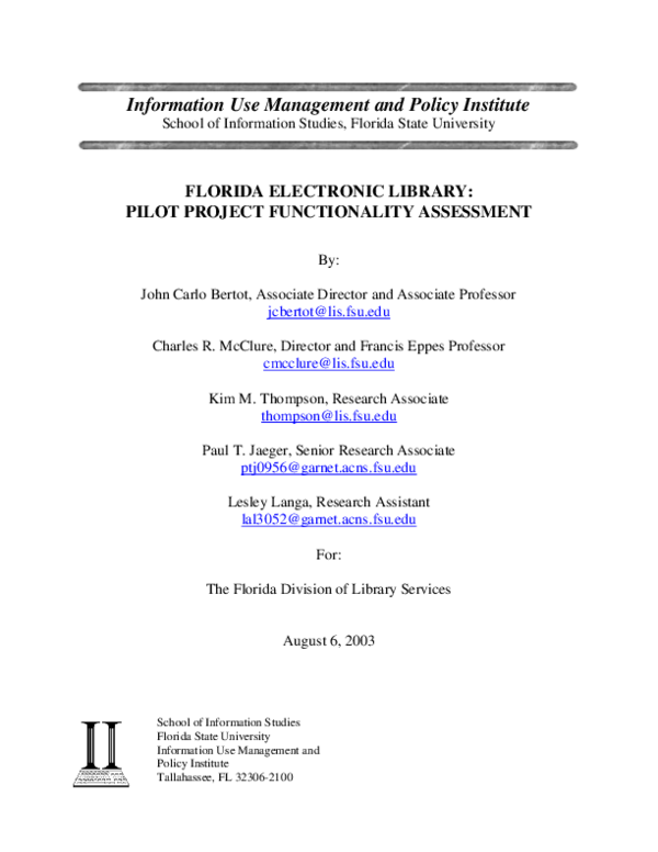 (PDF) Florida Electronic Library: Pilot Project Functionality Assessment