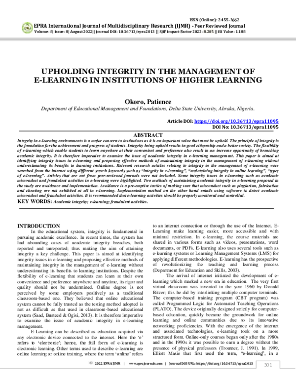 (PDF) Upholding Integrity in the Management of E-Learning in ...