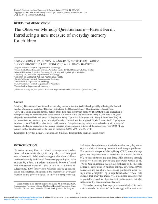 (PDF) The Observer Memory Questionnaire—Parent Form: Introducing a new measure of everyday ...