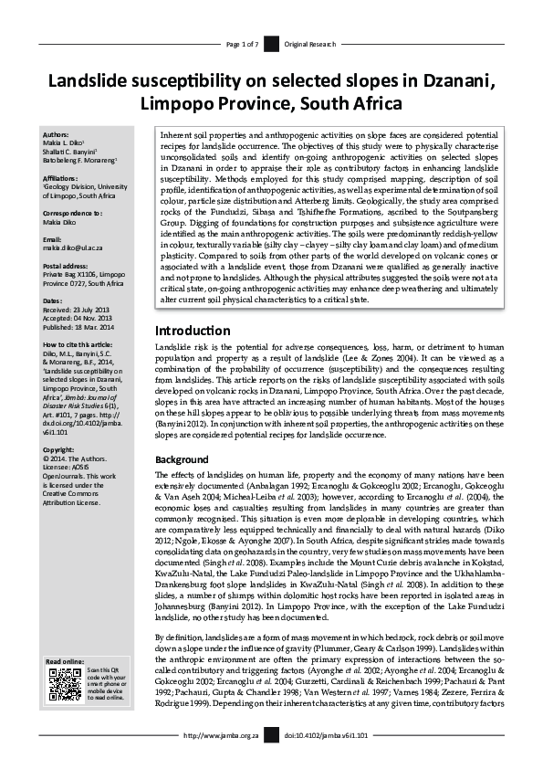 (PDF) Landslide susceptibility on selected slopes in Dzanani, Limpopo ...