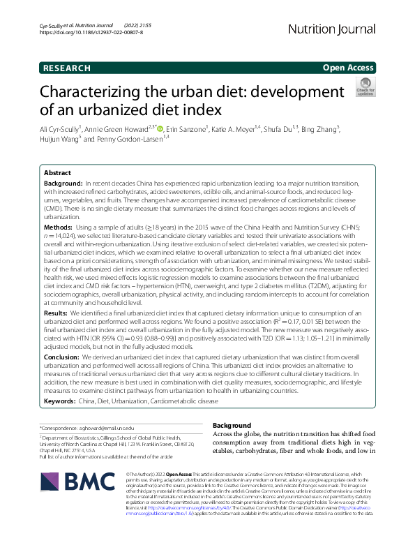 (PDF) Characterizing the urban diet: development of an urbanized diet index