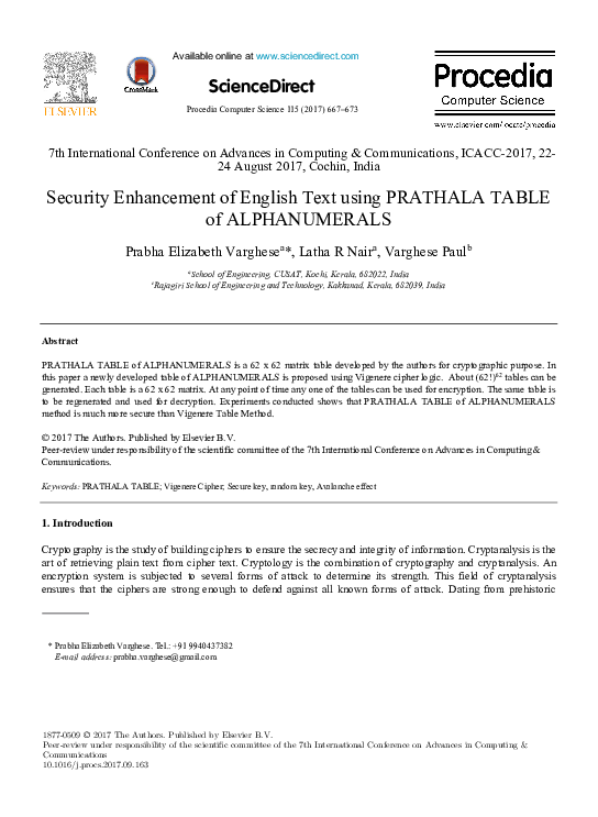 (PDF) Security Enhancement of English Text using PRATHALA TABLE of ALPHANUMERALS