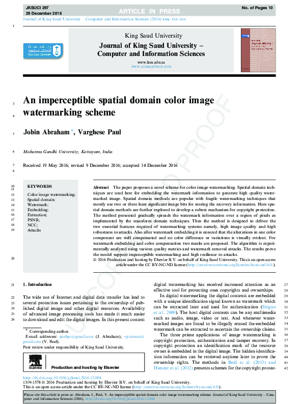 (PDF) An imperceptible spatial domain color image watermarking scheme