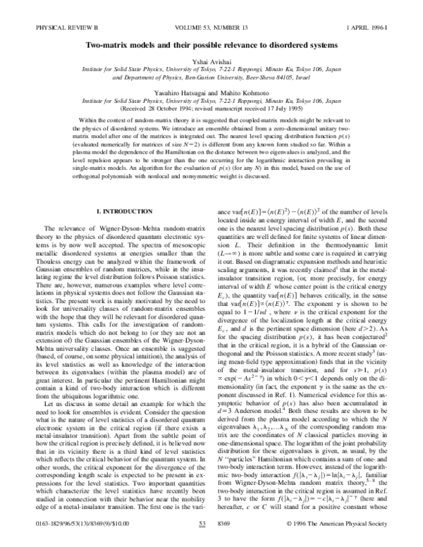 (PDF) Two-matrix models and their possible relevance to disordered systems | Yasuhiro Hatsugai ...