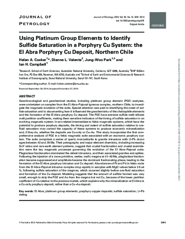(PDF) Using Platinum Group Elements to Identify Sulfide Saturation in a Porphyry Cu System: the ...