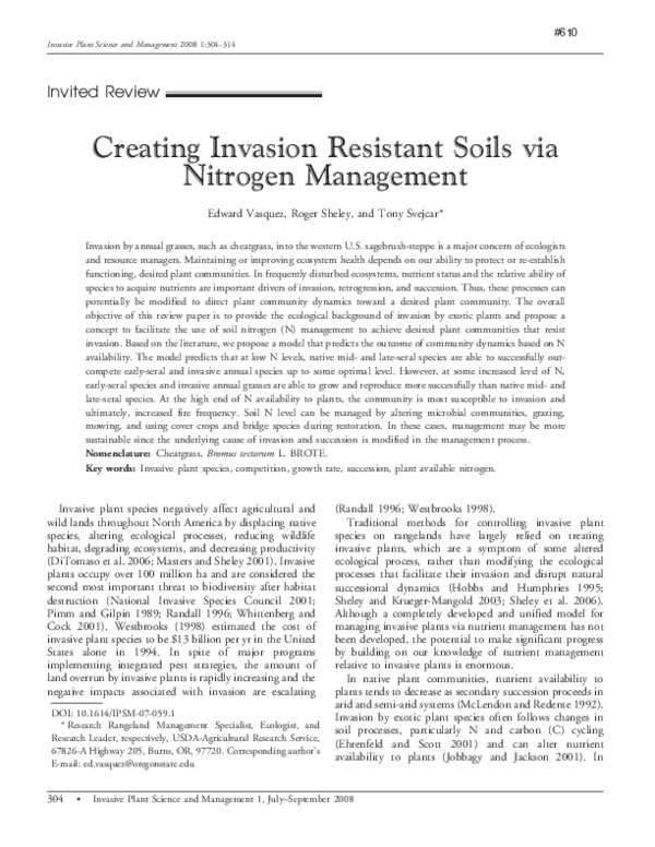 (PDF) Nitrogen Management for Invasion-Resistant Soils
