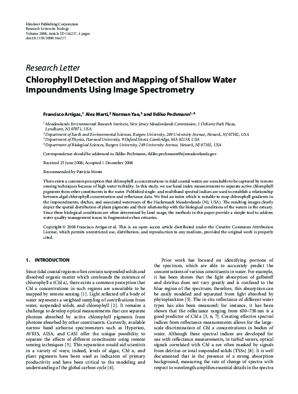 (PDF) Chlorophyll Detection and Mapping of Shallow Water Impoundments Using Image Spectrometry