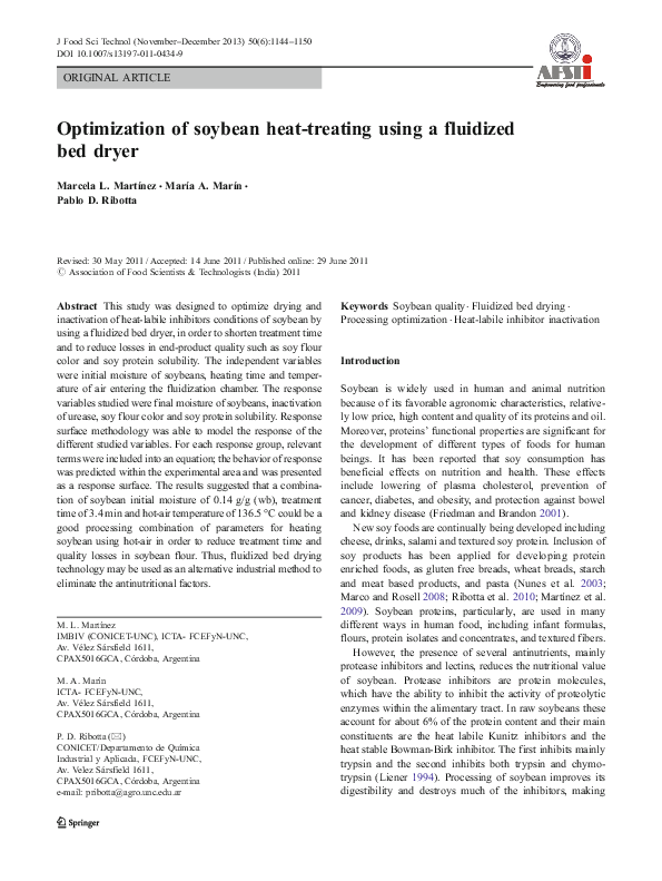 (PDF) Optimization of soybean heat-treating using a fluidized bed dryer