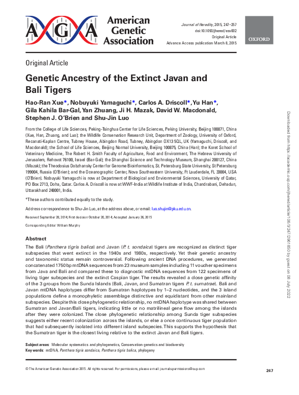 (PDF) Genetic Ancestry of the Extinct Javan and Bali Tigers