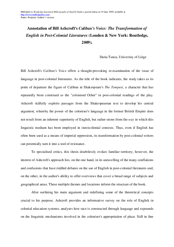 (PDF) Caliban's Voice: The Transformation of English in Post-Colonial ...