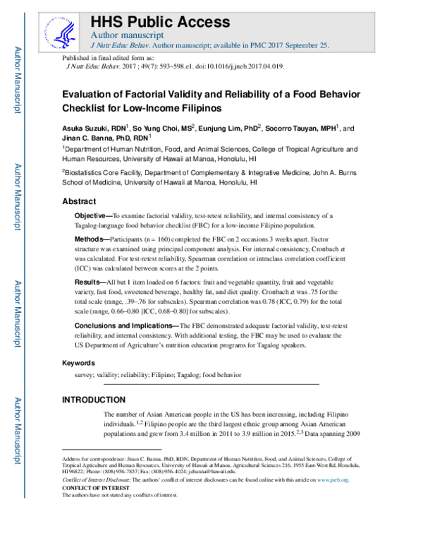 (PDF) Evaluation of Factorial Validity and Reliability of a Food ...