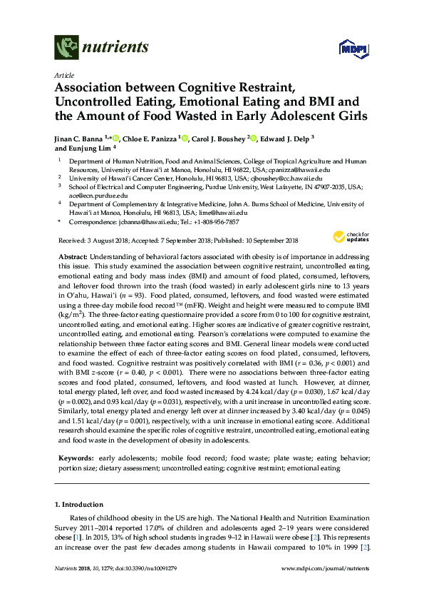 (PDF) Association between Cognitive Restraint, Uncontrolled Eating ...