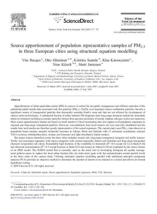 (PDF) Source apportionment of population representative samples of PM2.5 in three European ...