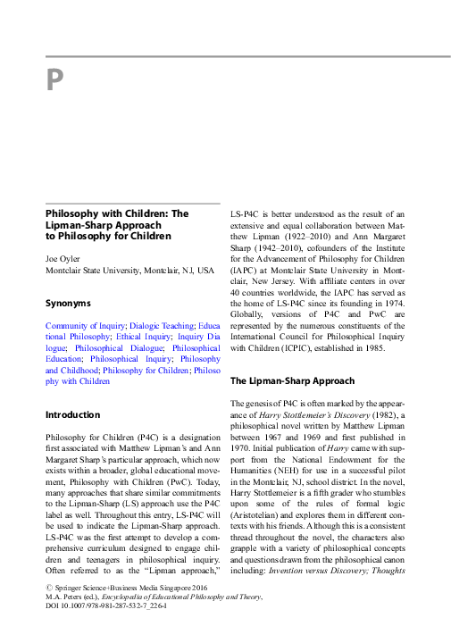 (PDF) Philosophy with Children: The Lipman-Sharp Approach to Philosophy ...