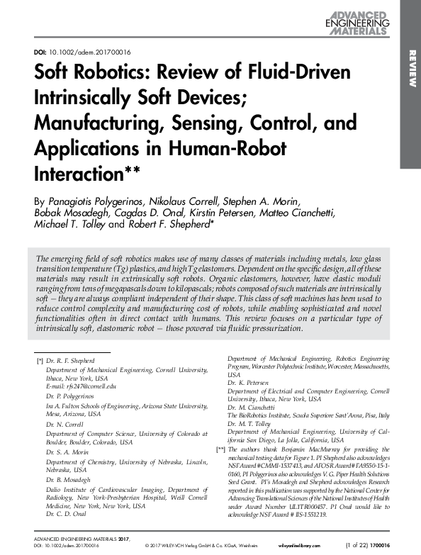 (PDF) Soft Robotics: Review of Fluid‐Driven Intrinsically Soft Devices ...